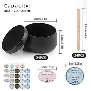 Timueetech 24 Pcs All-Black 8oz Candle Tins and 24 Pcs Wooden Candle Wick Centering Device and 32pcs Candle Label, All-Black 8oz Candle Tins Inside and Outside, Empty Candle Jars with Lids Bulk