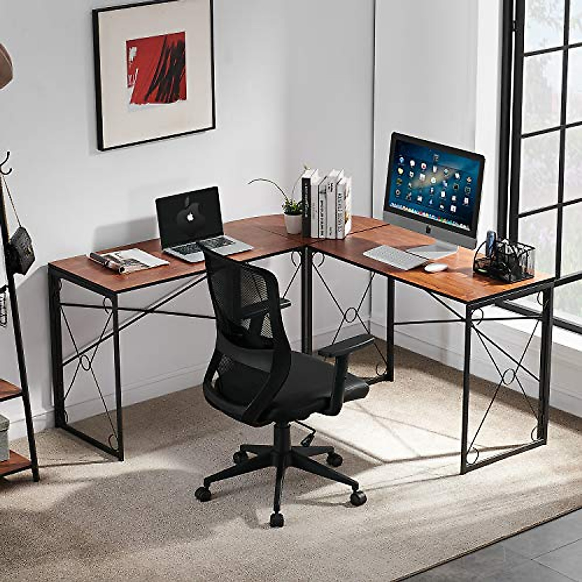 VECELO L Shaped Desk, 59''x59'' Large Corner Computer Gaming Table for Home Office with Collapsible Leg, No Assembly Needed, Brown