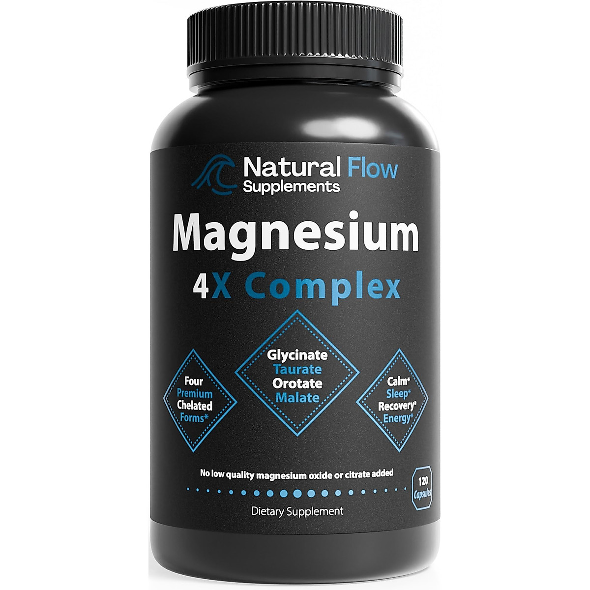 Natural Flow 4X Magnesium Supplement, Magnesium Glycinate, Taurate, Malate, Orotate Complex, Calm Sleep and Cramp Support Blend, No Mag Citrate or Oxide, 120 Capsules