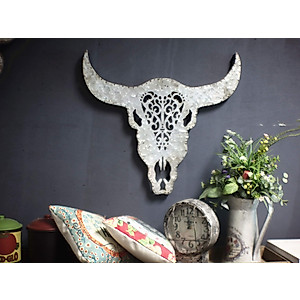 PARISLOFT Metal Galvanized Bull Skull Head Wall Decor 3D Faux Cow Skull Sculpture Decoration,Rustic Wall Decor 20''x1.1''x18''