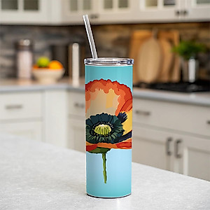 Poppy Icelandic Orange Flower Watercolor Skinny Tumbler 20oz with Straw Insulated Water Bottle Gift
