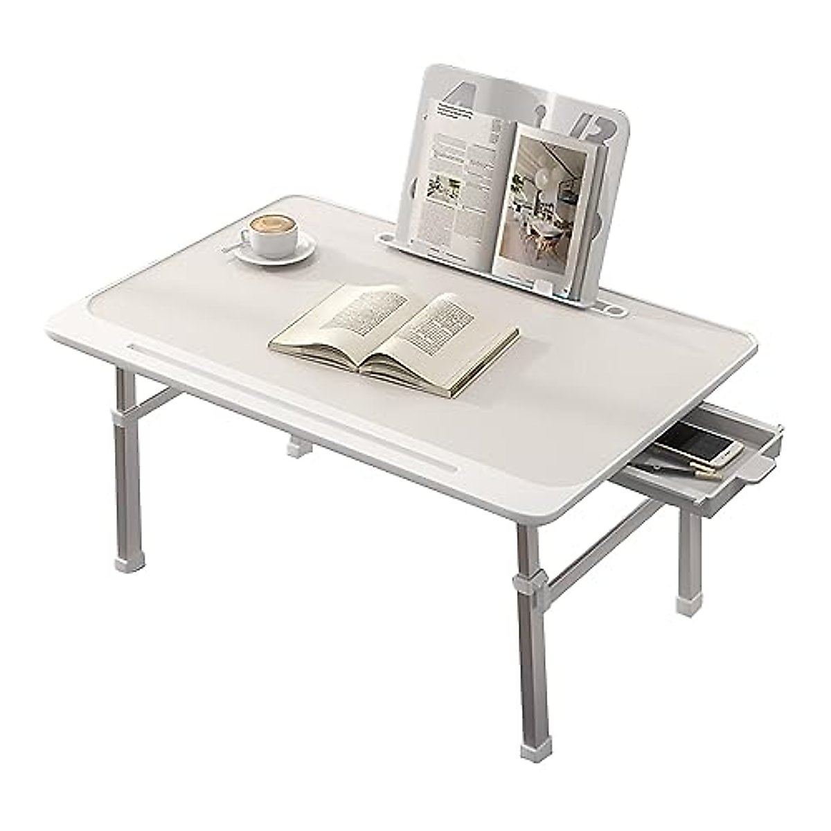 GEIRONV Movable Computer Desk, Bedroom Reading Learning Small Table with Drawers and Bookshelf Adjustable Multifunctional Folding Table (Color : White, Size : 60x40CM)