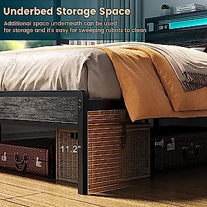 Homieasy Queen Size Bed Frame with Charging Station and Led Lights, Industrial Metal Platform Bed with Storage Headboard, Steel Slat Support, No Box Spring Needed, Noise-Free, Easy Assembly, Black Oak