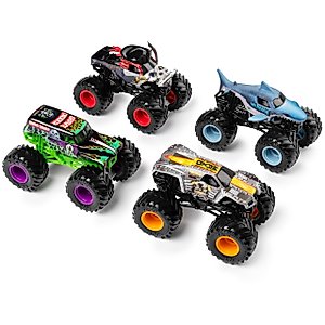 Monster Jam, Land vs. Sea 4 Pack Monster Trucks (Grave Digger, Max-D, Megalodon, and Pirate’s), 1:64 Scale, Kids Toys for Boys and Girls Ages 3 and up