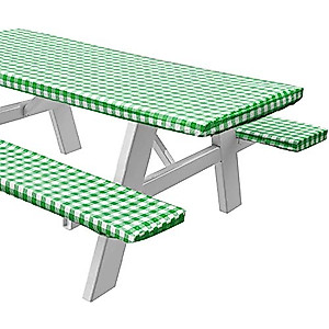Sorfey Vinyl Picnic Table and Bench Fitted Tablecloth Cover, Checkered Design, Flannel Backed Lining, 28 x 72 Inch, 3-Piece Set, Green