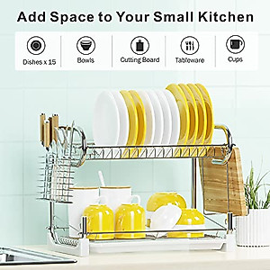 iSPECLE 2 Tier Dish Drying Rack, Dish Rack with Drainboard Set Dish Drain Utensil Holder, Cutting Board Holder for Small Kitchen Countertop