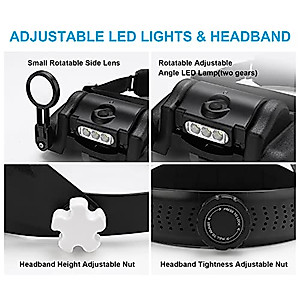 Dilzekui Head Mount Magnifying Glass with Light, Rechargeable Black Headband Magnifier, Head-Mounted Magnifying Glass with 6 Detachable Lens, Hands Free Magnifying Glasses for Close Work Crafts Repair