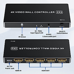 4K HDMI Video Wall Controller 2x2, LUKFOCAB Video Wall Processor with 8 Splicing Modes, 180° Rotate, 3.5mm Audio Extractor, IR Remote, 4 TV Screen into 1 Wall Display 2x2, 1x2, 1x3, 1x4, 2x1, 3x1, 4x1