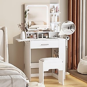 Fameill Vanity Desk with Mirror and Lights, Small Makeup Vanity with Drawer & Lots Storage Shelves, White Vanity Table with Charging Station & Time Display, Vanity Set with Chair, for Bedroom