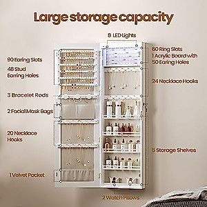 Hzuaneri 8 LEDs Mirror Jewelry Cabinet, 47.2-inch Jewelry Armoire Organizer, Wall/Door Mount Lockable Storage Cabinet with 6 Earrings Shelves, 2 Makeup Pockets, White and Beige JC12003BE