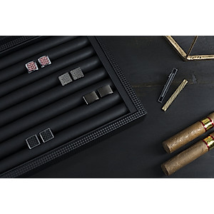 Glenor Co Cufflink Box for Men - Holds 70 Cufflinks - Luxury Display Jewelry Case -Carbon Fiber Design - Metal Buckle Holder, Large Glass Top - Black