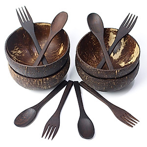 Vikra (Set mix 4) Vietnamese Coconut Bowls with Spoons and Forks 100% Natural, Handmade, Eco Friendly. Bowls for Kitchen, Salad Bowls, Smoothie Bowls, Acai Bowls, Vegans Gift, Decorations