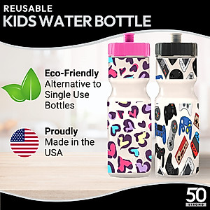 Kids Sports Squeeze Water Bottle 2 Pack - 22 oz. BPA Free Sport Bottle W/ Easy Open Push/Pull Cap - Durable Bottles Perfect for Boys & Girls, School & Sports - Made in USA (Video Games & Soccer)