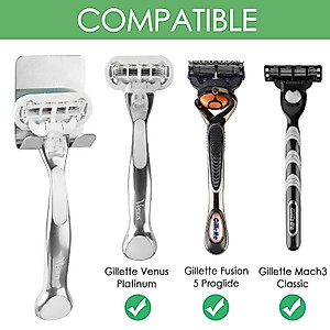 Linkidea 2 Pack Wall Mount Razor Holder for Shower, Self Adhesive Shaver Hooks, Stainless Steel Sticky Hanger Compatible Gillette with Venus Platinum, Fusion 5 Proshield, Mach 3 Classic (Silver)