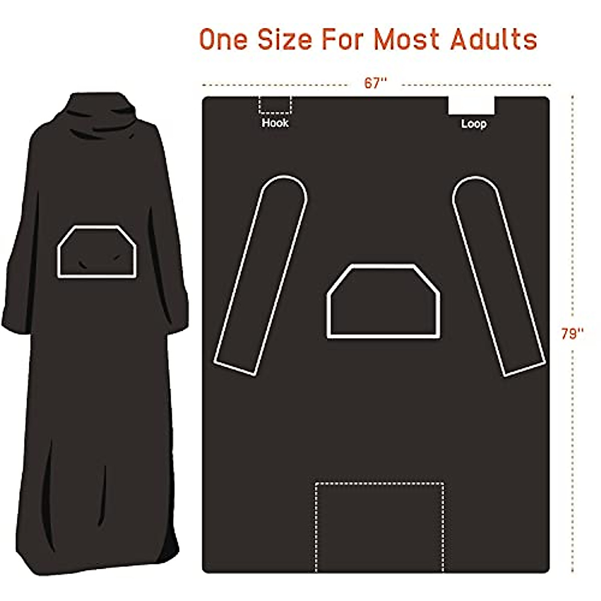 Fleece Wearable Blanket with Sleeves and Foot Pocket for Adult Women Men, Plush Throw with Adjustable Hook & Loop for Lounge Couch Reading Watching TV 79" x 67" Charcoal