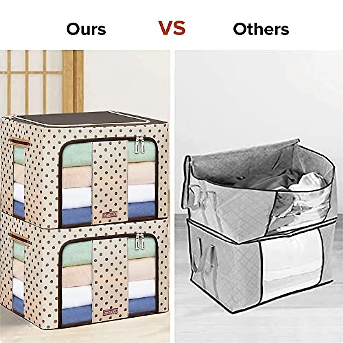 Oxford Fabric Storage Box with Steel Frame,Foldable Stackable Container Organizer with Large Window & Carry Handles Bedroom Closet Organization for Clothes Bedding Sheets Blanket Pillow Brown-66L