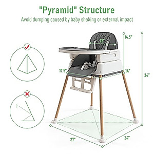 3 in 1 Baby High Chair, Portable High Chairs for Babies and Toddlers, Adjustable Convertible Infant Baby Feeding Chair Booster for Eating with Detachable Double Tray, 5 Point Harness, Footrest Gray
