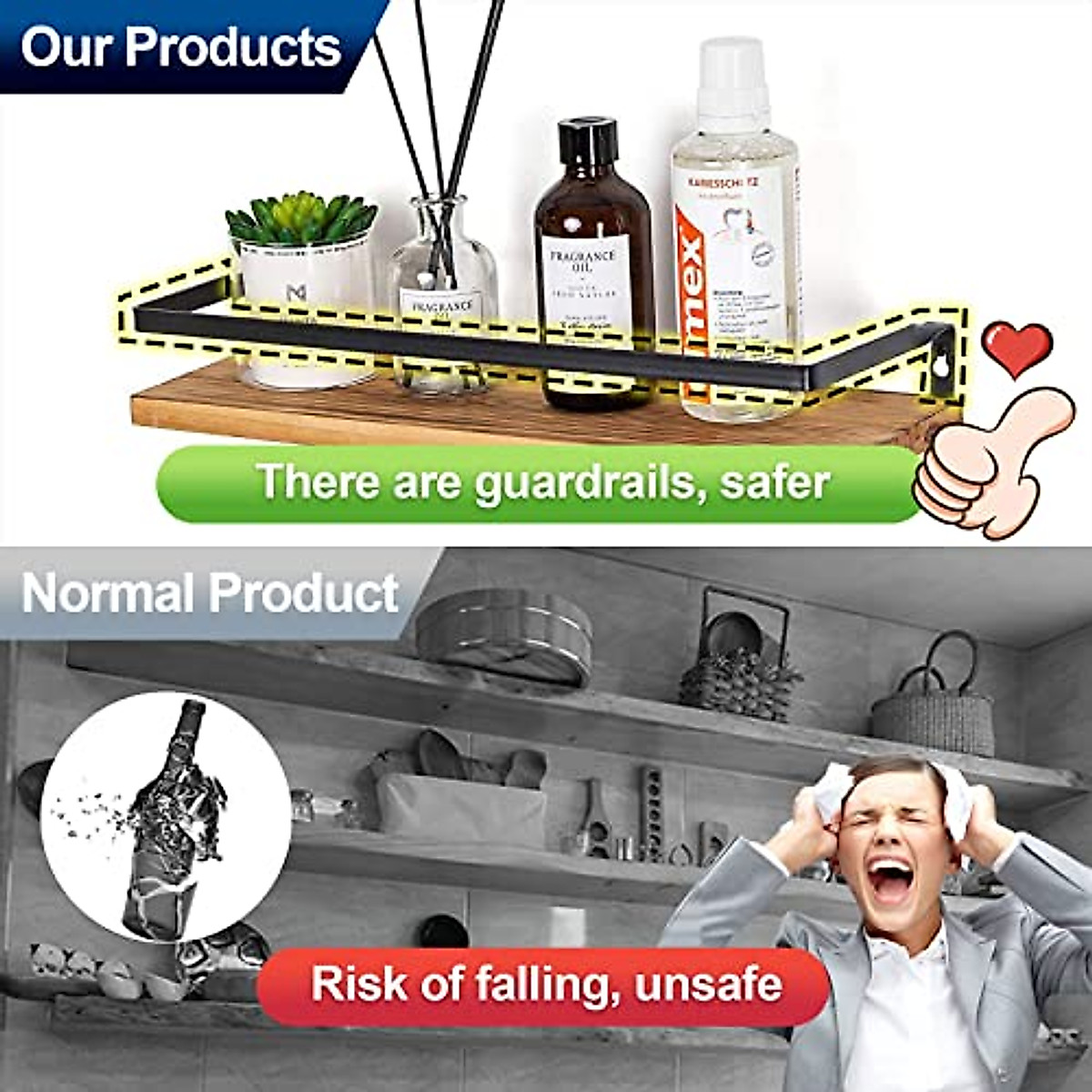 Luxiya Floating Shelves Bathroom Shelf Rustic Wood Wall Mounted Shelves Organizer with Removable Towel Holder Decorative Storage Shelf for Bathroom Kitchen,Set of 2