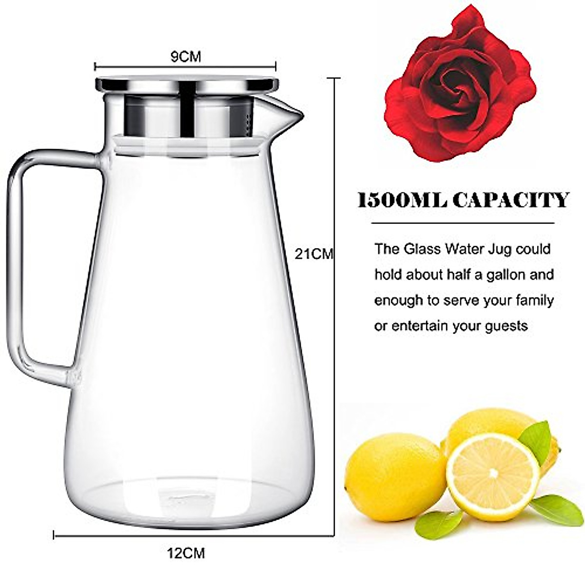 52 Ounces Borosilicate Glass Pitcher with Handle - Heat Resistant Water Carafe with Stainless Steel Lid - Large Beverage Pitcher for Homemade Juice and Iced Tea