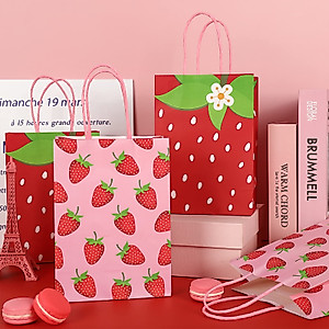Whaline 24 Pack Strawberry Gift Bags with Handles Red Pink Paper Goody Bags for Party Berry Sweet Birthday Baby Shower Decoration