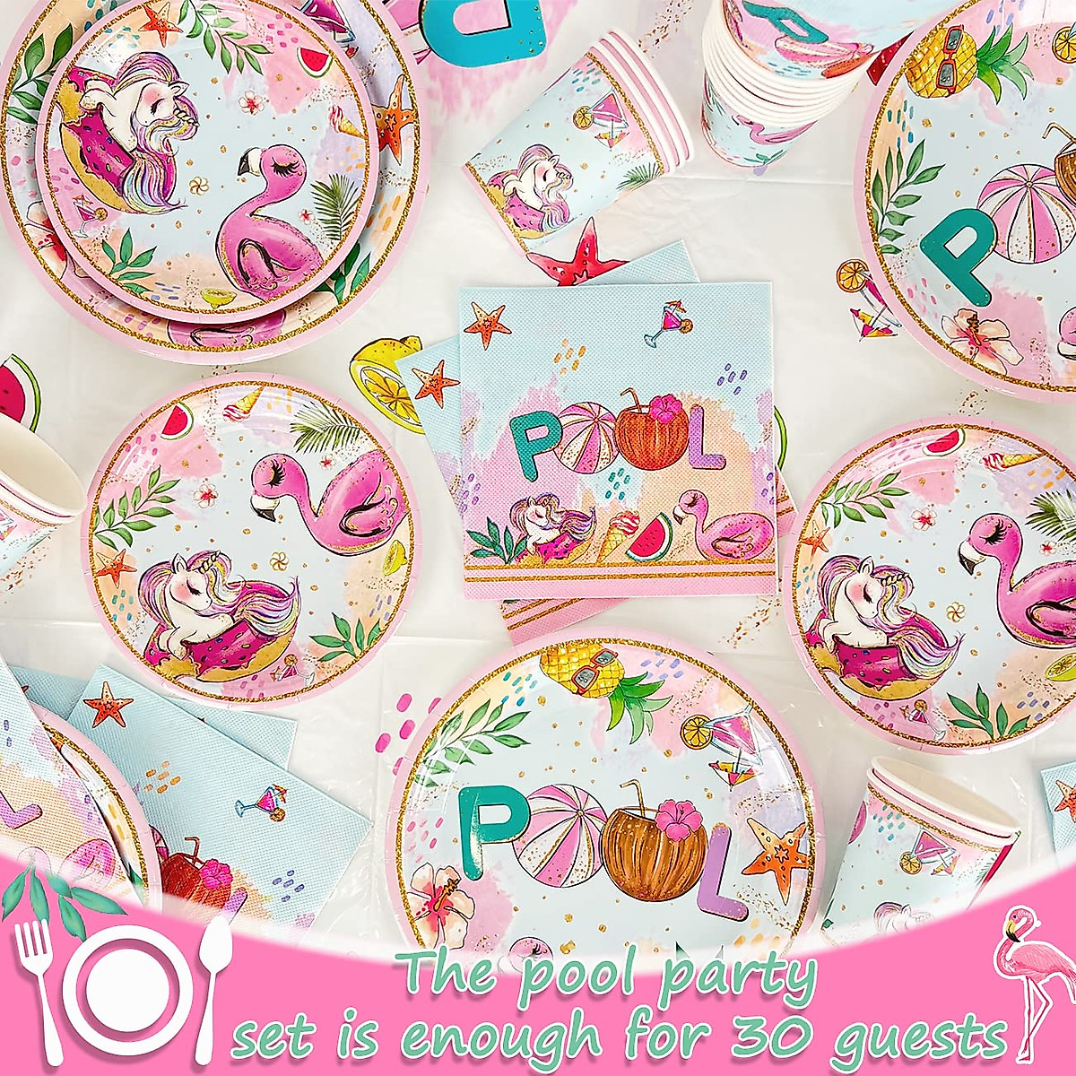 Summer Pool Party Decorations- 121PCS Pink Pool Plates and Napkins Set Beach Party Cups Tablecloths Flamingos Unicorns for Kids Boys Girls Luau Hawaiian Summer Theme Birthday Party Supplies 30 Guest