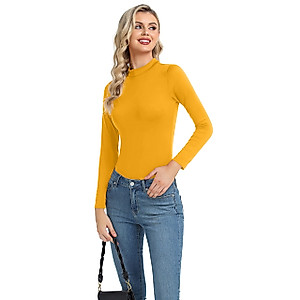 Women Long Sleeve Thermal Top Lightweight Mock Neck Shirts Slim Fit Layer Top Mustard Large