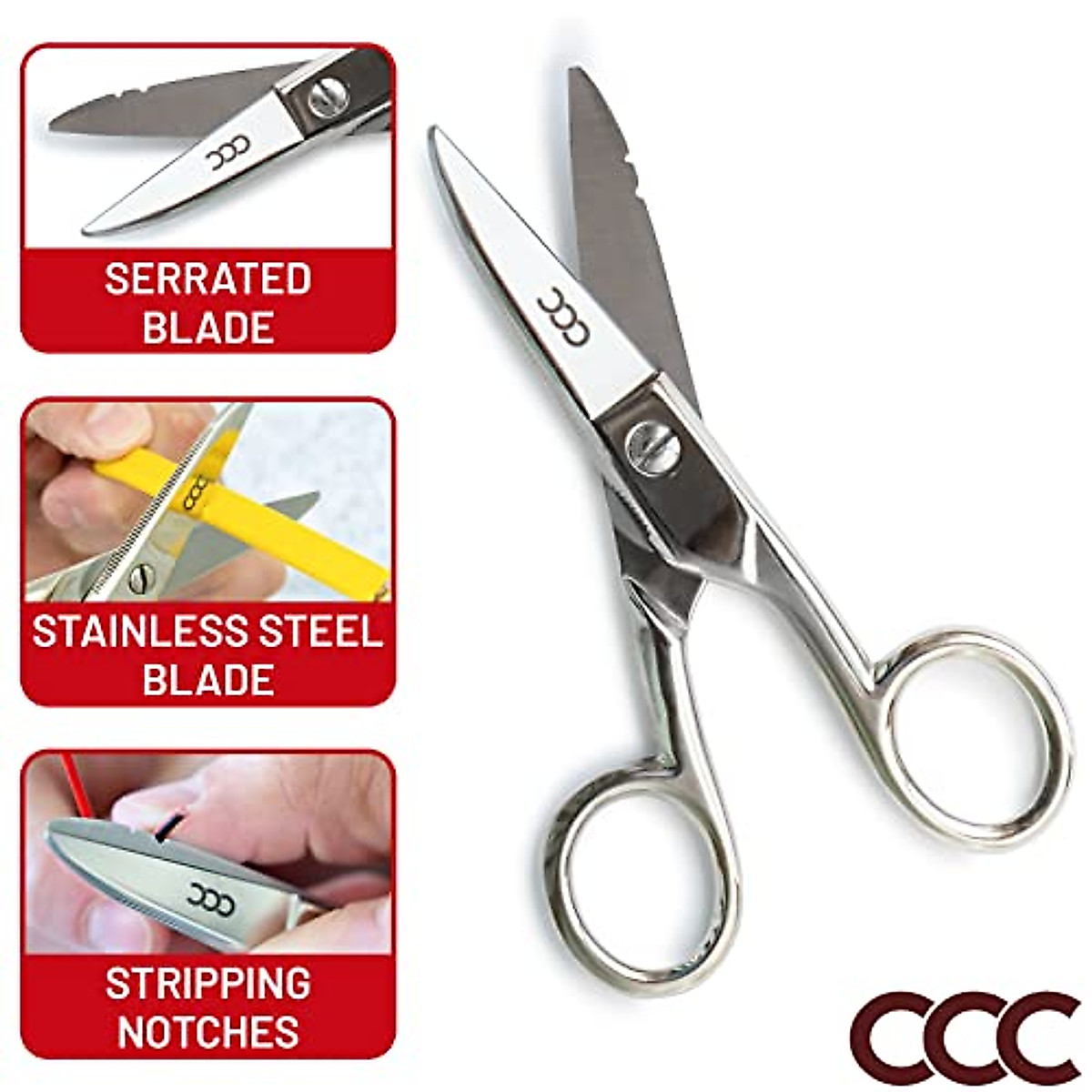 Electrician Scissors with Notches and Carrying Pouch, Professional Heavy-Duty Stainless Steel Electrical Shears for Right or Left-Handed Use | Multi-purpose Snips Cut, Strip File and Scrape