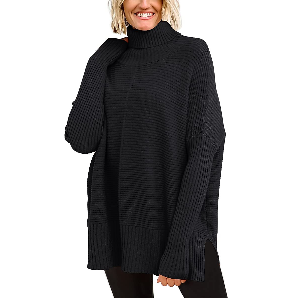 EFAN Women's Turtleneck Oversized Sweaters Fall Outfits Clothes Trendy Long Pullover Knit Winter Tunic 2025 Black M