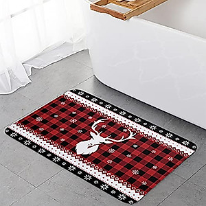 Christmas Bath Rugs Elk Deer Reindeer Snowflake Sponge Doormat Absorbent Non Slip Durable Soft Flannel Mat Red Buffalo Plaid Check Christmas Memory Foam Mats for Bathroom Kitchen 20 x 32 inches