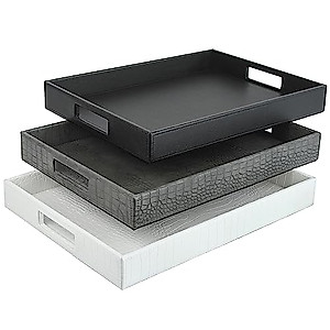 HofferRuffer Rectangle Serving Tray with Hole Handles for Coffee Table, Breakfast, Tea, Food, Butler - Countertop, Kitchen, Vanity Serve Tray, 16.2 x 12.2 x 2 inches, Faux Leather Tray (Black)