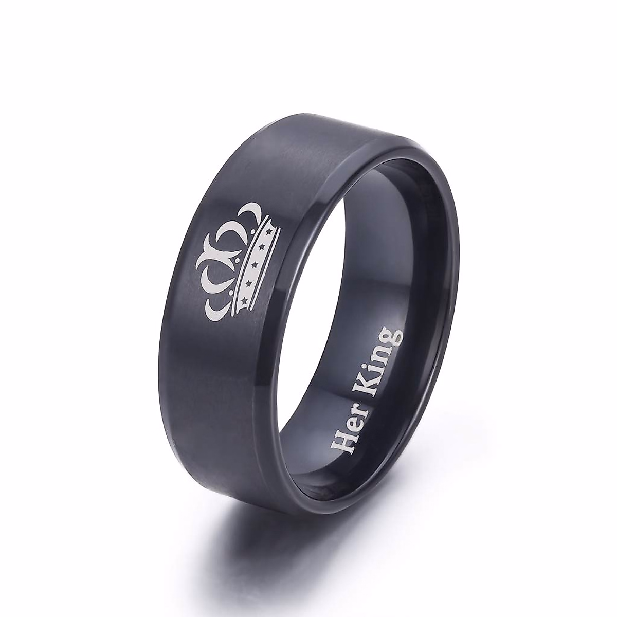 LAVUMO King and Queen Rings for Couples - 2pcs His Hers Stainless Steel Matching Ring Sets for Him and Her - Promise Engagement Wedding Band Black Comfort Fit (Men 9 & Women 9)