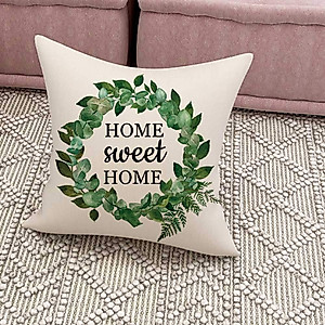 FIBEROMANCE Spring Pillow Cover 18x18 Home Sweet Home Garden Wreath Farmhouse Throw Pillow Covers Pillow Case Cushion Covers for Sofa Couch Spring Home Décor Decoration