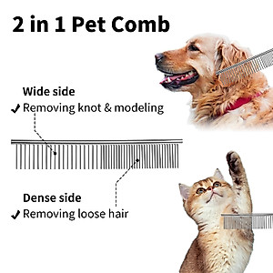 Flezoo 2PCS Dog and Cat Brush, Stainless Steel Dog Grooming Comb Kit, Detangler Deshedding Brush for Long Haired Dogs＆Cats, Dog Tangles Metal Comb＆Knots Hair Remover for Dog＆Cat Undercoat 6.4" 7.5"