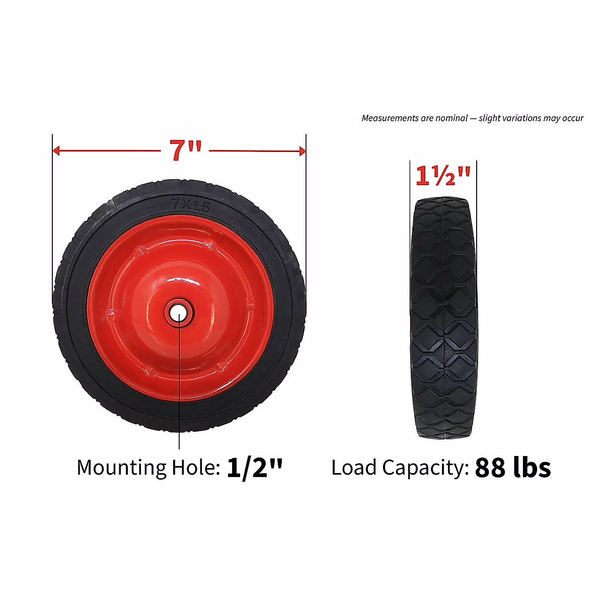 Shepherd Hardware 9593 7-Inch Semi-Pneumatic Rubber Tire, Steel Hub with Grafoil Bearings, Diamond Tread, 1/2-Inch Bore Offset Axle