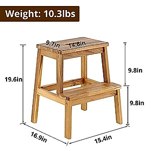 Wooden 2 Step Stool for Children Adults, Multifunctional Large Kitchen Step Helper for Toilet Bathroom Bedroom, Stepping Standing 2-Step Ladder, 16.9" D x 15.4" W x 19.6" H, Easy to Assemble, Natural