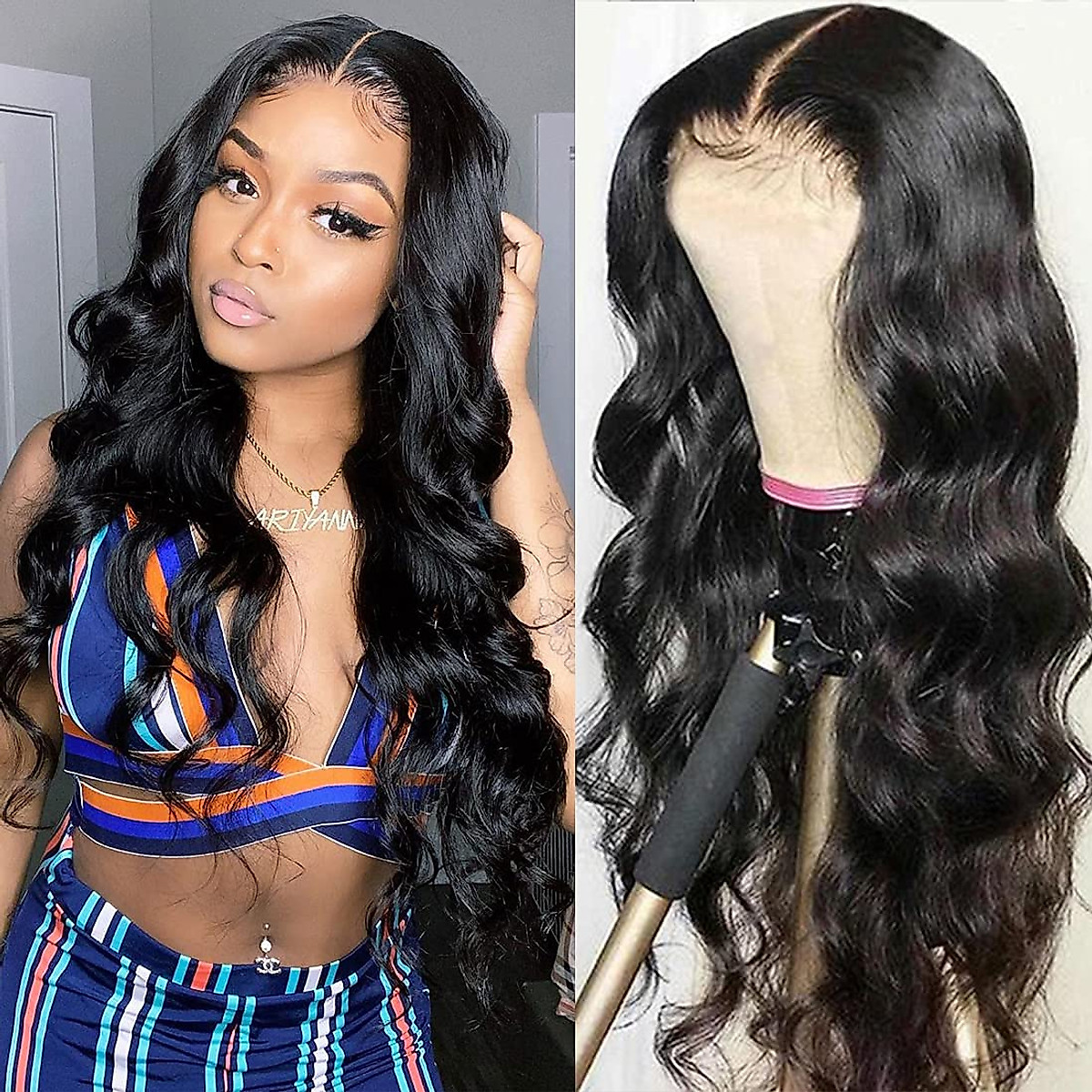 VRBest 13x4 Body Wave Lace Front Wigs Human Hair Wigs for Black Women, 150% Density, Natural Color Brazilian Virgin Hair Wig, 22 inch, Wavy, Glueless, Pre-Plucked with Baby Hair, Tangle Free