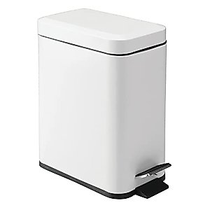 mDesign Small Modern 1.3 Gallon Rectangle Metal Lidded Step Trash Can, Compact Garbage Bin with Removable Liner Bucket and Handle for Bathroom, Kitchen, Craft Room, Office, Garage - White