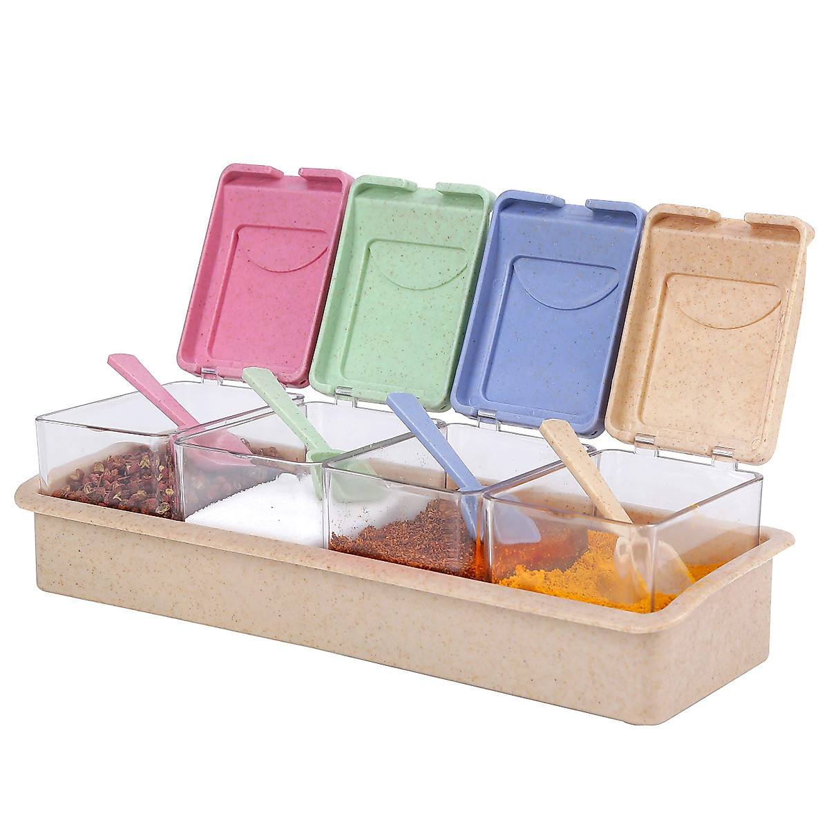 Latauar Clear Seasoning Box and Container with Cover and Spoon, Four Compartment Spice Shaker Jars and Pots, Condiment Cruet Bottle and Storage Organizer Kitchen Supplies, 24×8.6×10.2 cm