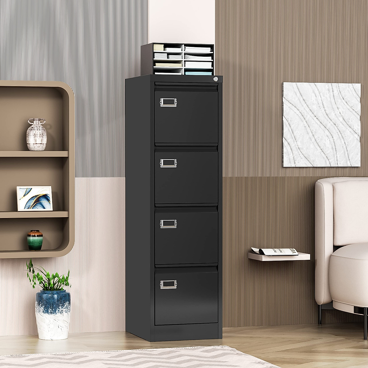 AFAIF 4 Drawer File Cabinet with Lock, Metal File Cabinets for Home Office,18" Deep Vertical Black Filing Cabinets Office Storage Cabinet for Letter/Legal / A4 / F4 Size, and File Folders