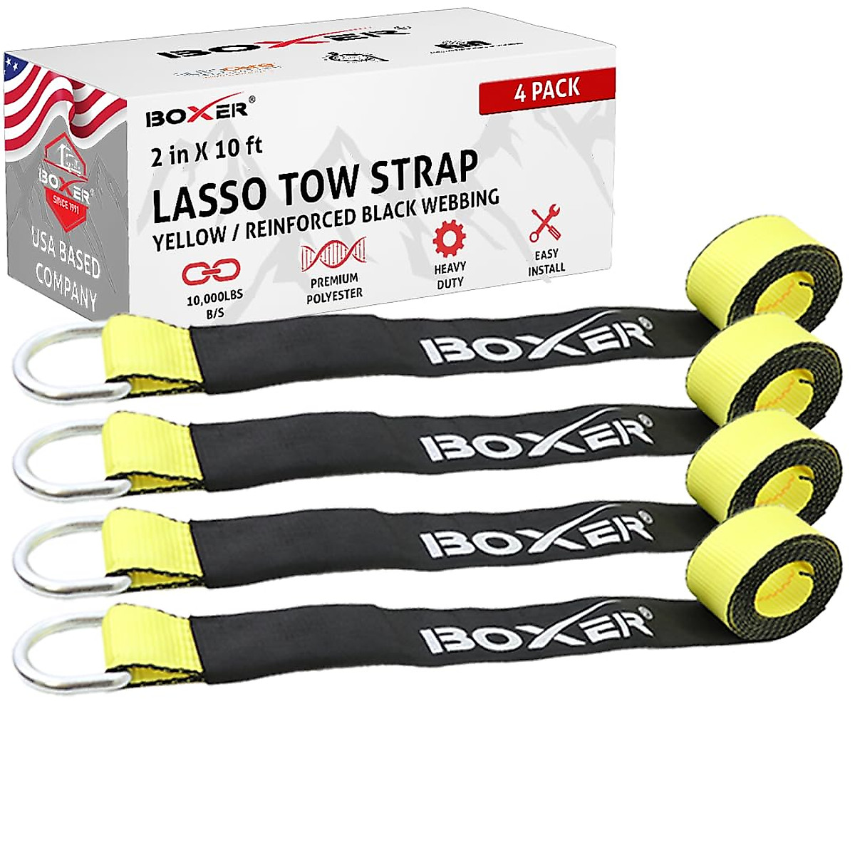 Boxer 2" x 10ft Pro Lasso Tow Strap with D Ring & Protective Sleeve – Car Tie Down, Auto Hauler, Auto Transport – 10,000lbs - 4 Pack
