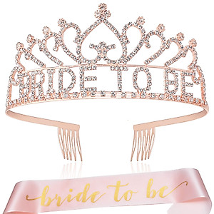 Coucoland Women’s Bride to Be Crown Tiara and Bride to Be Sash Crystal Rhinestone Tiara Headband for Wedding Bridal Shower(Rose Gold)
