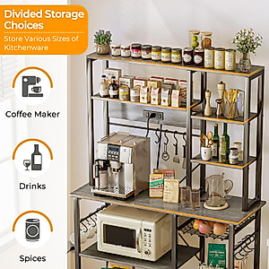 SUPERJARE Large Bakers Rack with Power Outlets, 6-Tier Microwave Stand, Coffee Bar with 12 S-Shaped Hooks, Kitchen Shelf with Wire Basket, 39.3 x 15.5 x 66.9 Inches, Charcoal Gray