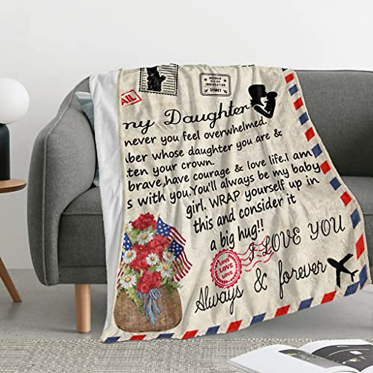 Envelope Blankets for Daughter,to My Daughter Blanket,Unique, Ultra-Soft Flannel Throw Blanket for Holiday Birthday for Bed Sofa Camping 60x50 inch