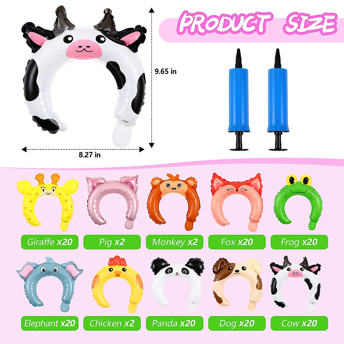 Liliful 200 Pcs Zoo Animal Inflatable Headbands Unicorn Wildlife Safari Balloon Hair Hoop Unicorn Balloon Kit with Pump Inflatable Jungle Animals for Birthday Party Favors Decorations (Cute Animal)