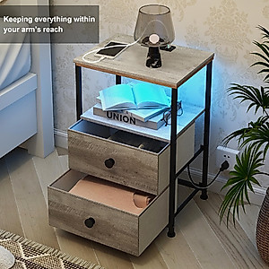Tohomeor Nightstand with Charging Station USB Outlet and LED Light End Table Dresser with 2 Fabric Drawers Open Storage Shelf for Bedroom Living Room Sofa Beside (2, Greige)