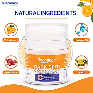Neoprosone 20% Vitamin C Dark Spot Corrector Cream - 1 Fl oz / 30ml - Skin Brightening Gel Cream - with Hyaluronic Acid, Vitamin E