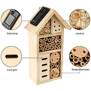 antiai Wooden Multi Insect Bee Butterfly House with Light,Solar Lighting Insect House Hotel,an Outdoor Hanging Bamboo Habitat for Mason Bee Butterfly Ladybugs Live,Bee Box,Butterfly Habitat for Garden