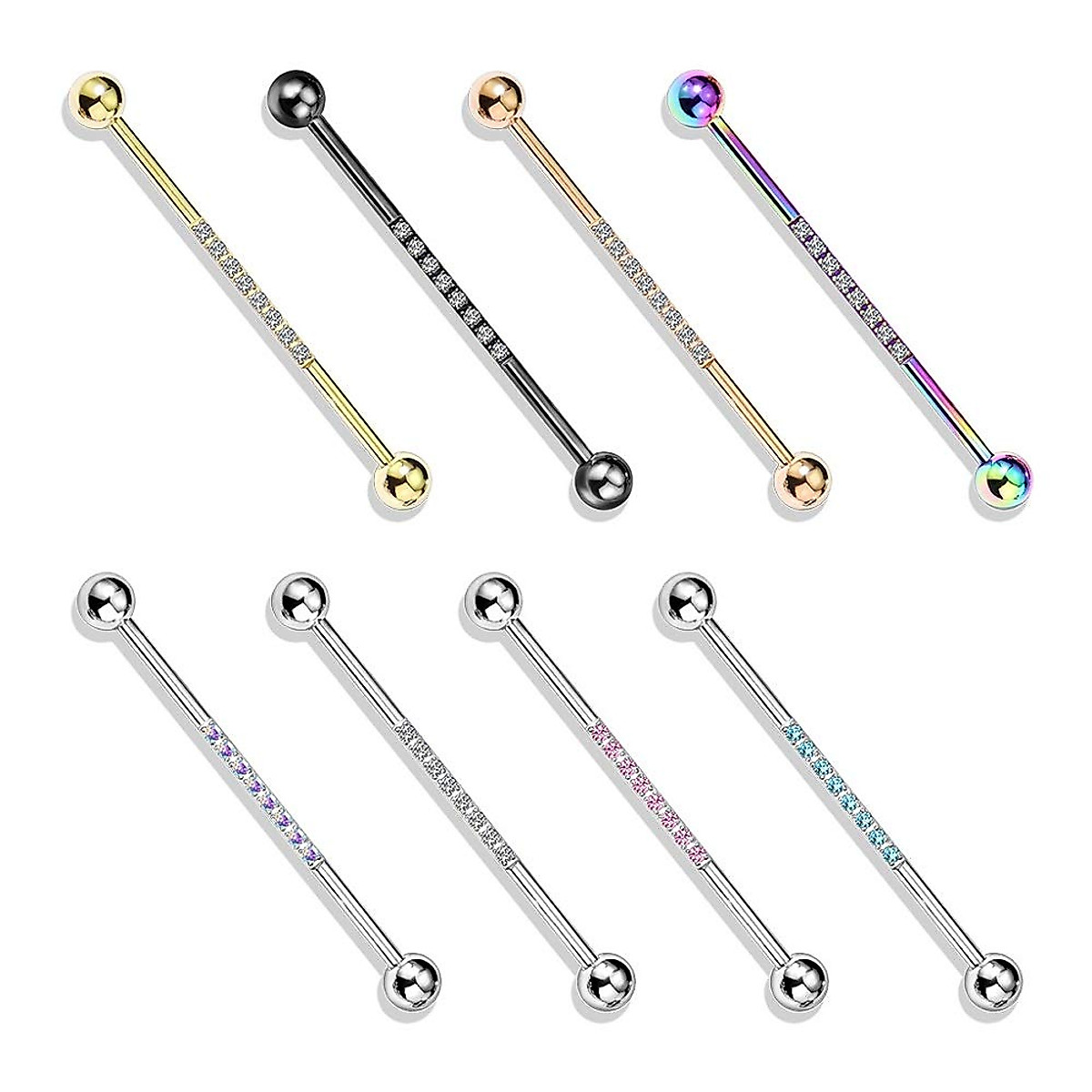 Pierced Owl 14G Stainless Steel CZ Crystal Lined Industrial Barbell (Gold/Clear)
