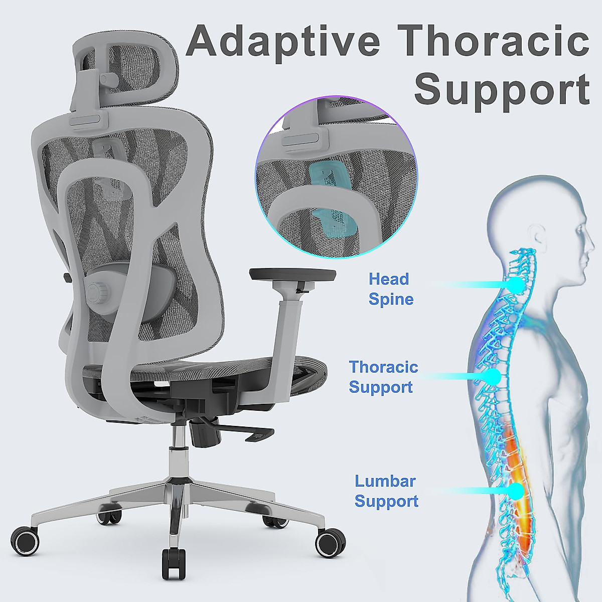 Logicfox Ergonomic Mesh Office Chair, High Back Desk Chair with 3D Armrests, Adaptive Thoracic Support, 3D Lumbar Support & Adjustable Headrest, Home Swivel Computer Chair with Tilt Function