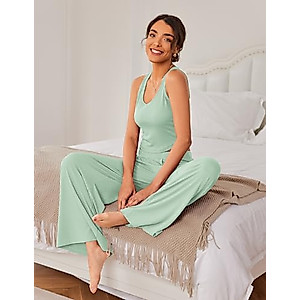 Ekouaer Women's Pajamas 2 Piece Lounge Set Ribbed Knit Loungewear Sleeveless Tank Top Wide Leg Pants,Light Green,S